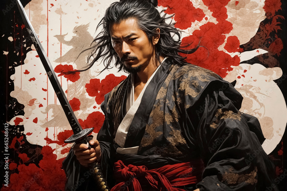 Samurai with long black hair. He stands with traditional samurai ...