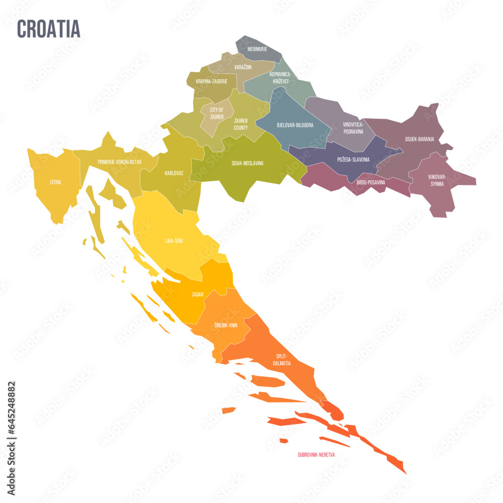 Croatia political map of administrative divisions - counties. Colorful ...