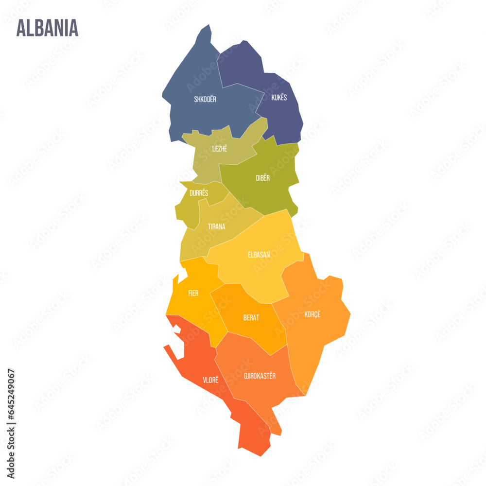 Albania political map of administrative divisions - counties. Colorful ...