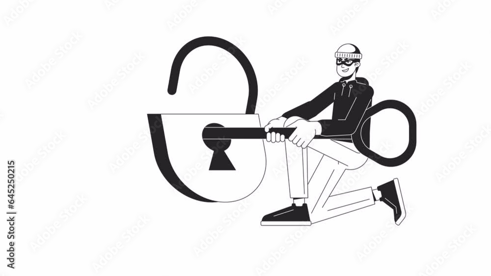 Cyber criminal unlocking lock with key in keyhole bw outline 2D ...
