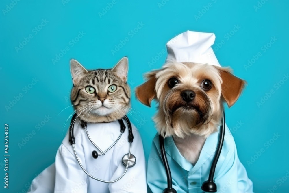 Clinic cat and dog. Cute photo of doctor dog and nurse cat on a blue ...