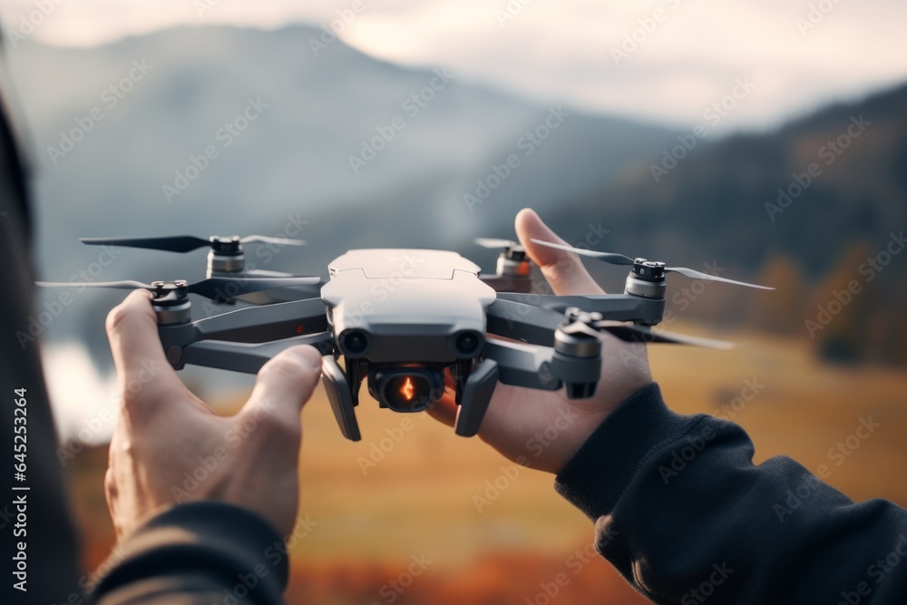Hand holding starting guiding compact aerial drone flight. Advanced ...