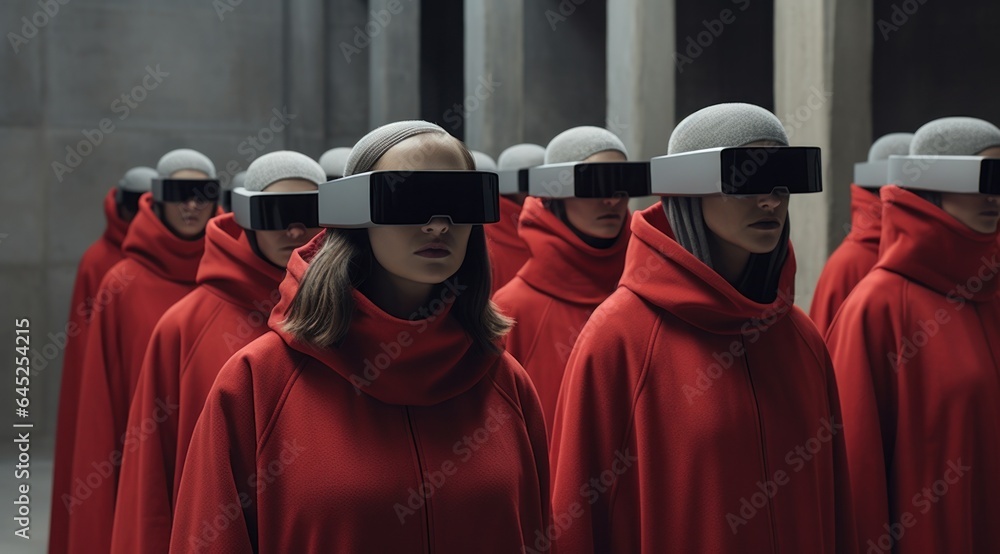 A group of futuristic people wearing maroon cloaks and advanced virtual ...