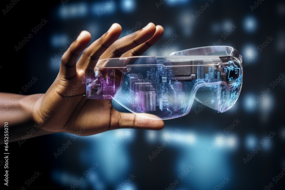 Users hands hand interacting futuristic glasses technological ...