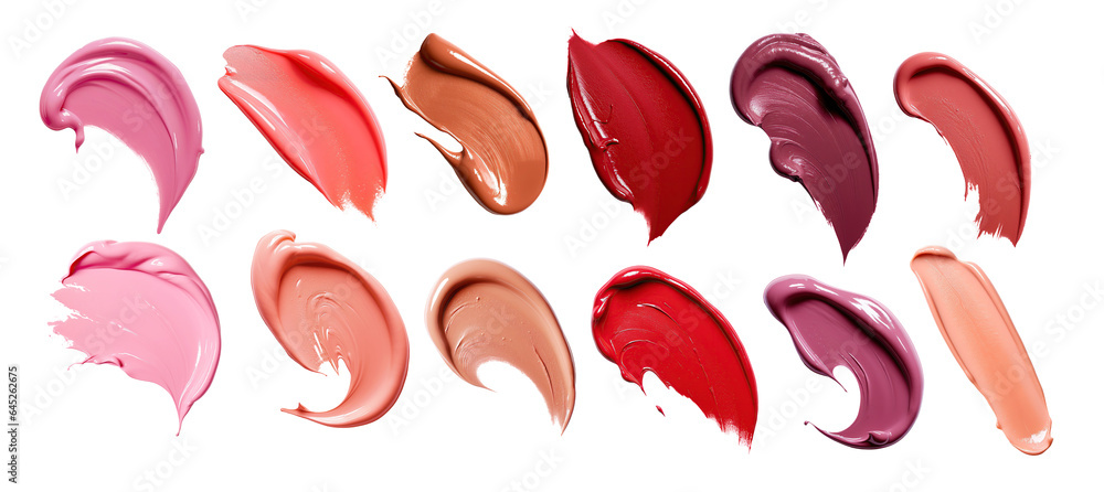 Smears of different beautiful lipsticks on transparent background ...