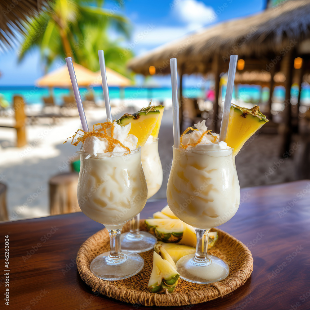 Pina colada alcohol cocktails with pineapple fruits near swimming pool ...