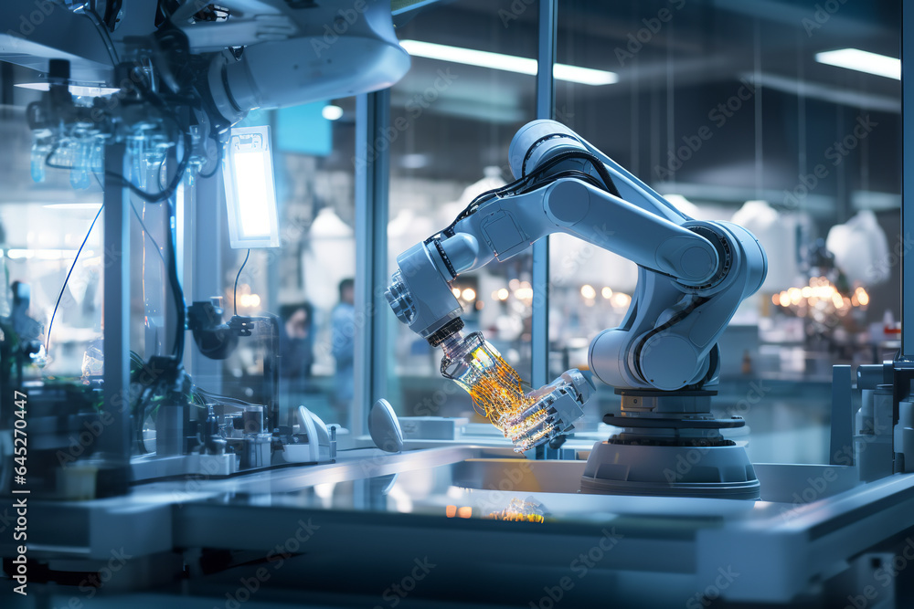 Inside a sleek technology lab, a precise robotic arm maneuvers with ...