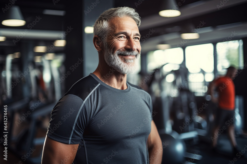 Ageless muscular fit old man with grey hair energetic in the gym during ...