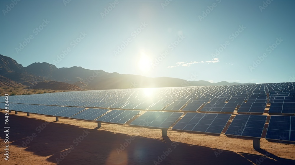 Vast solar farm in a desert landscape, capturing the scale of renewable ...