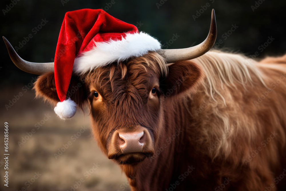 bull in Santa hat on black background. cow in Christmas hat looks at ...