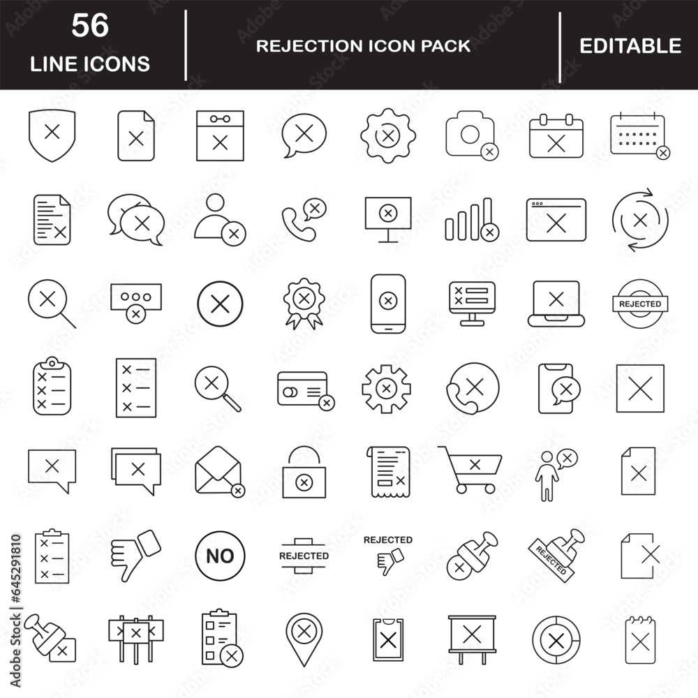 Set of Decline, Cancellation and Dislike icons. Reject or cancel line ...