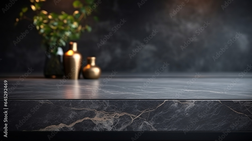 An empty dark marble table for product display in a modern kitchen ...