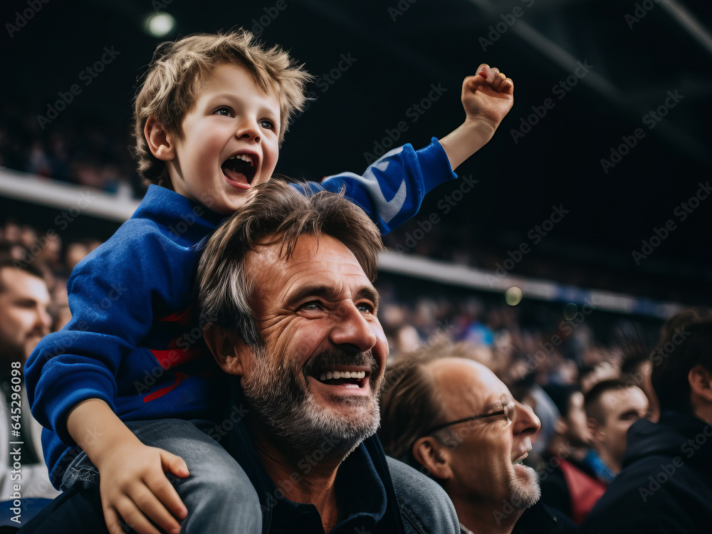 French father and son in stands, filled with enthusiastic supporters of ...