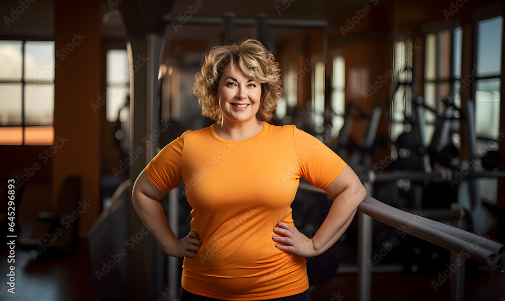 femme légèrement en surpoids, entre 50 et 60 ans à la salle de sport ...