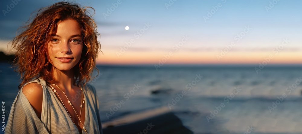 A beautiful, happy girl on the beach, a paradise island, pale skin ...