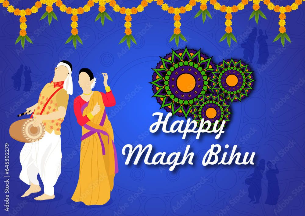 Vector illustration poster of Happy Magh Bihu on blue background ...