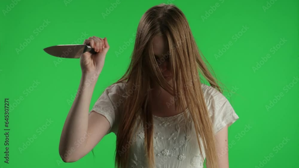 Medium green screen, chroma key video of a posessed female, woman ...
