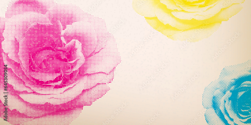 Rose flowers halftone screen CMYK colors transparent with riso print ...