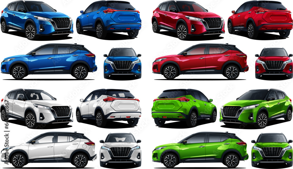 Vector Realistic Car Blueprint in blue, red, white and green colors ...