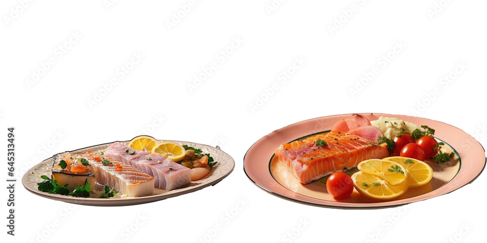 Plates of main courses at a restaurant Meat and fish with sides ...