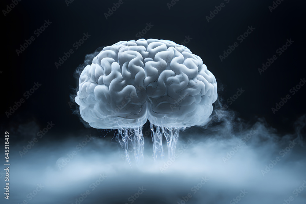 The human brain is frozen ice with fog and steam, cool and cold. Blue ...