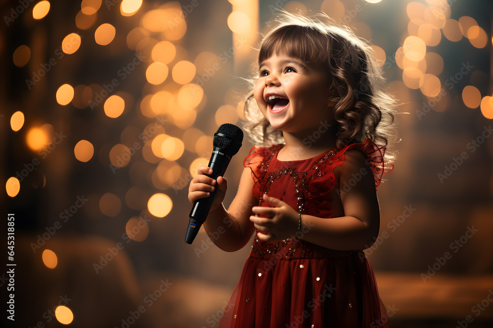Children's singer. A girl in a red dress stage with a microphone and ...