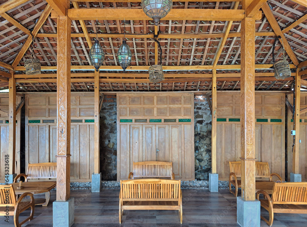 Joglo traditional house structure, beams, pillar, ceiling, and roofing ...