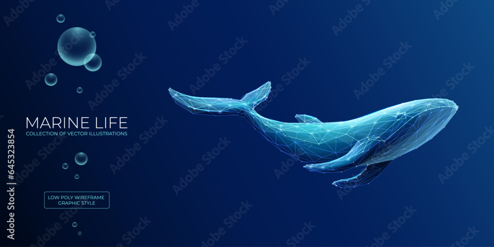 Abstract blue whale underwater in polygons on a technology blue ...
