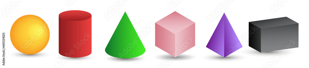 Set of 3d geometric shapes. Isometric views of sphere, cylinder, cone ...