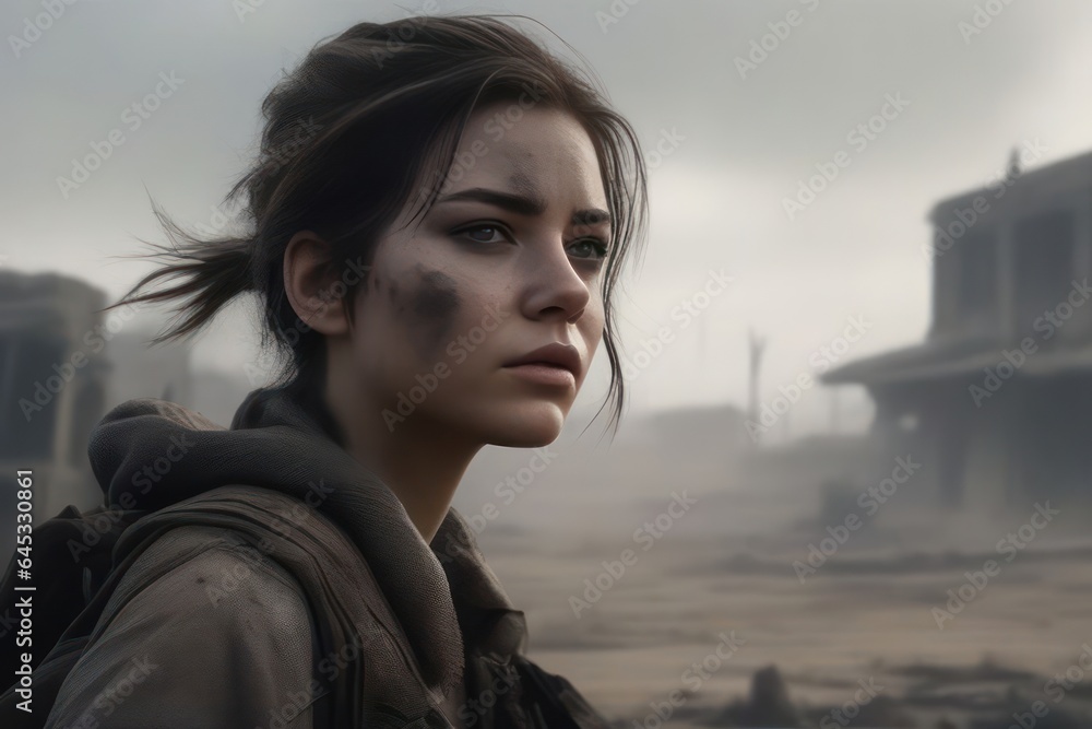 Young woman with scars and soot spots on her face. In dirty and worn ...