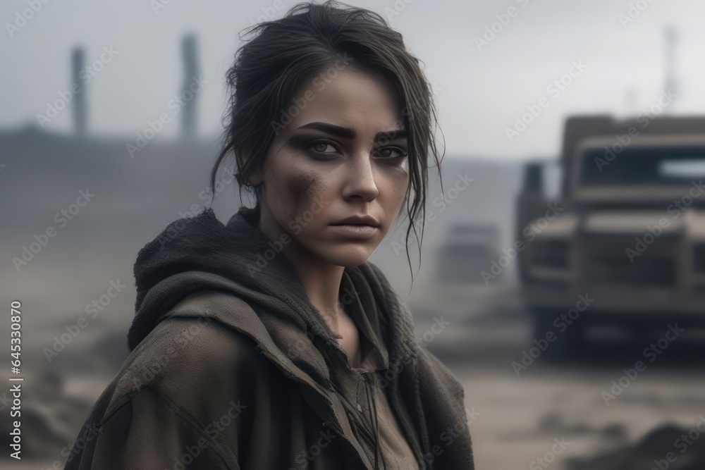 Young woman with scars and soot spots on her face. In dirty and worn ...