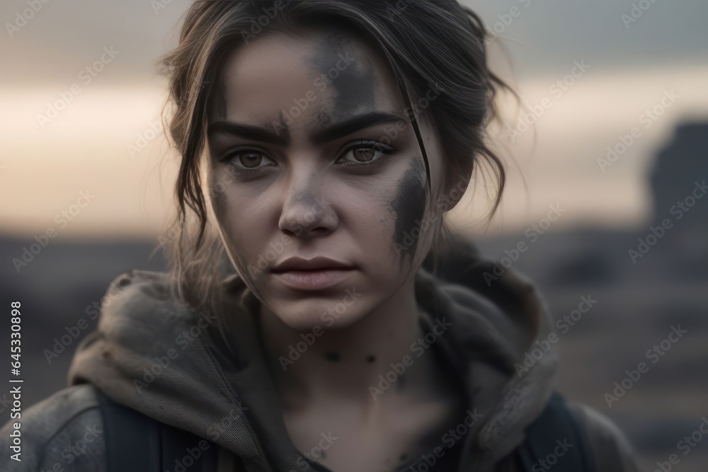 Young woman with scars and soot spots on her face. In dirty and worn ...