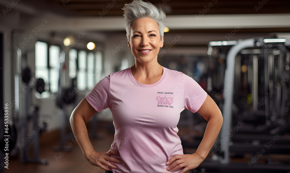 femme de 50 ans ou 60 ans, plutôt musclée, souriante, dans une salle de ... femme de 50 ans ou 60 ans, plutôt musclée, souriante, dans une salle de ...