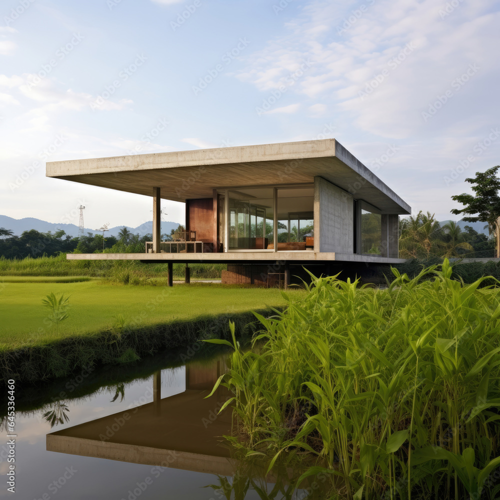 A minimalist concrete exterior house design in the middle of a paddy ...