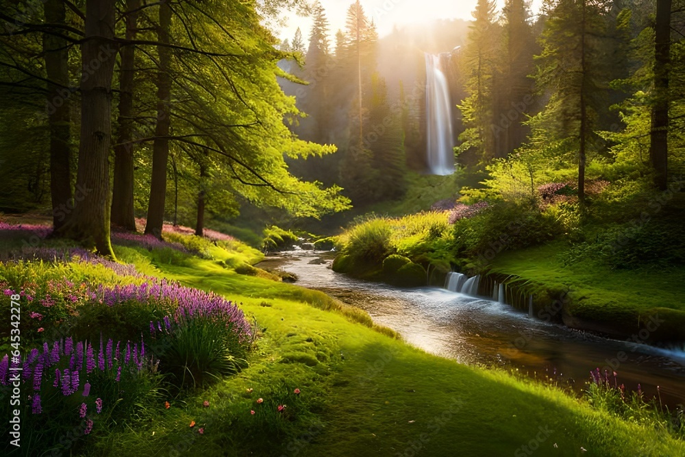 A dense and mysterious fog rolling through a dark and ancient forest ...