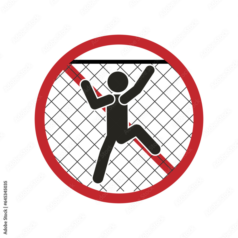 Isolated black pictogram label of do not climb gate or fence, with ...