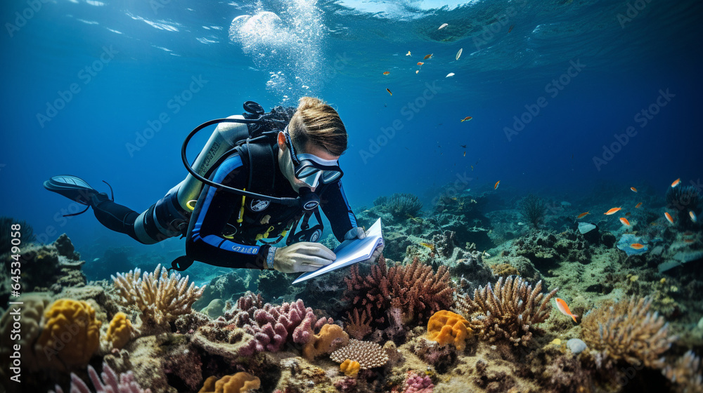 A young marine biologist conducting research underwater, surrounded by ...