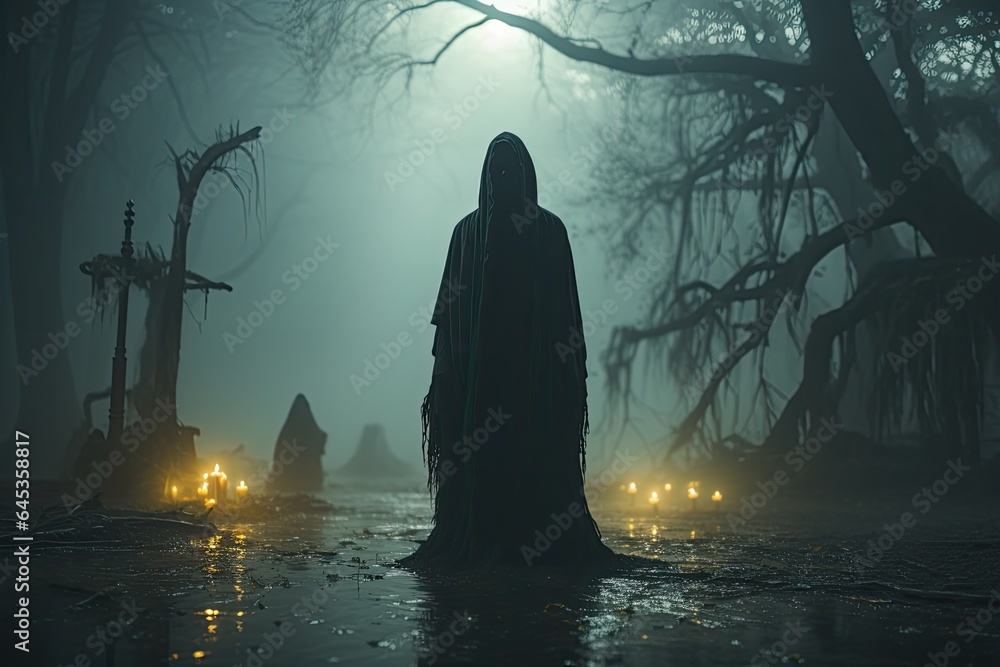 Ominous figure of man shrouded in a dark cloak in a fog shrouded ...