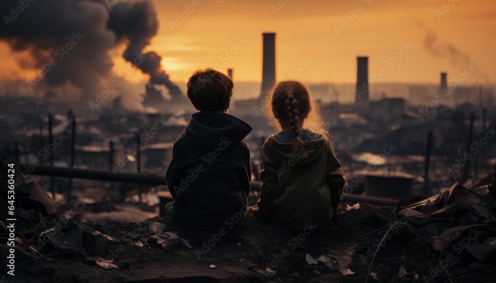 Orphan children play in a polluted landfill near a factory, a girl and ...
