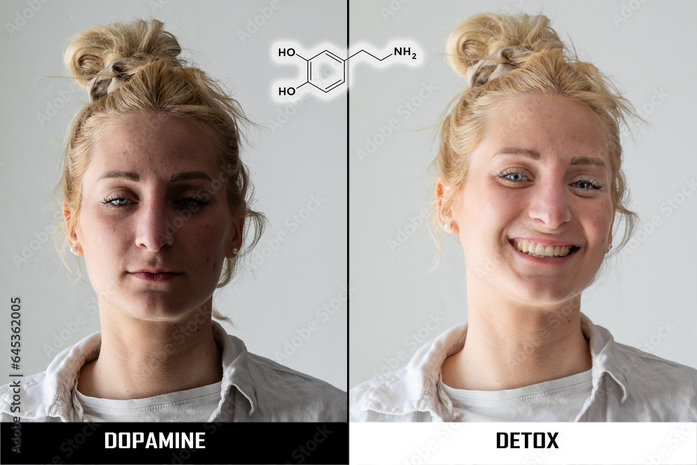 Young female before and after dopamine detox. Return to happiness after ...