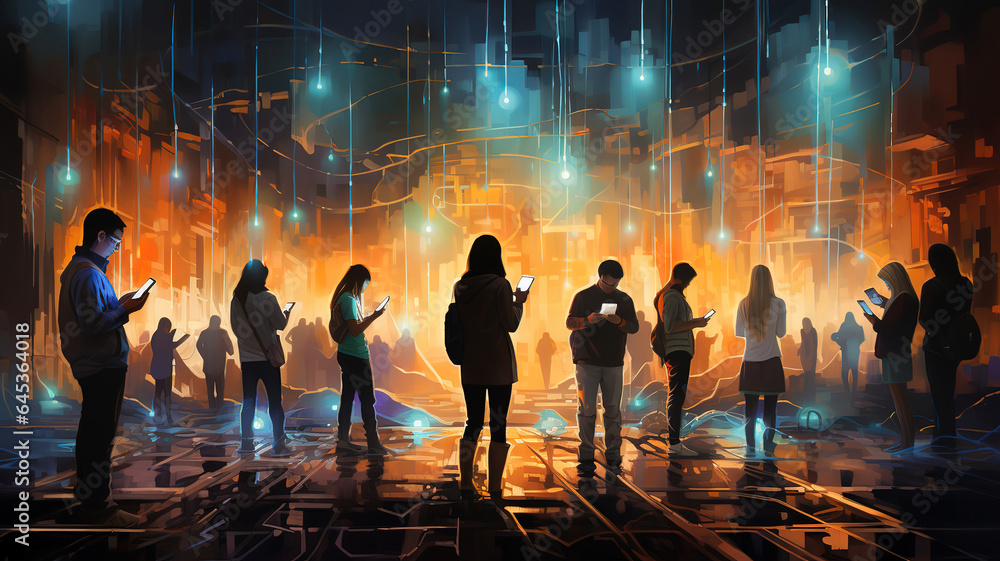 Phone addicted people concept, man praying on his knees against large ...