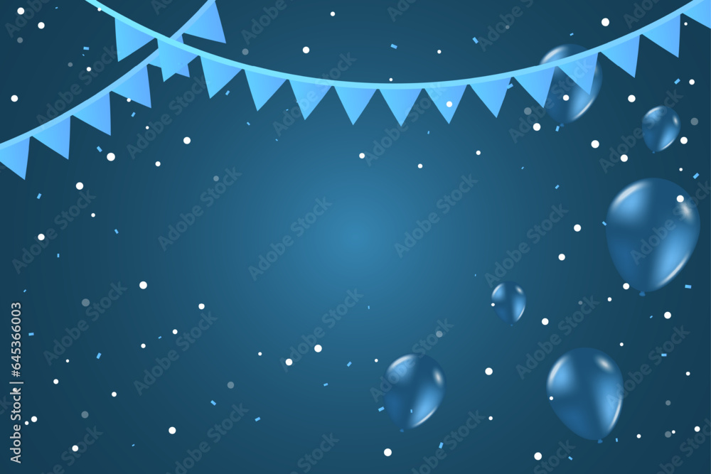 Blue Balloons, Party Flags With Confetti And Ribbons Falling On White ...