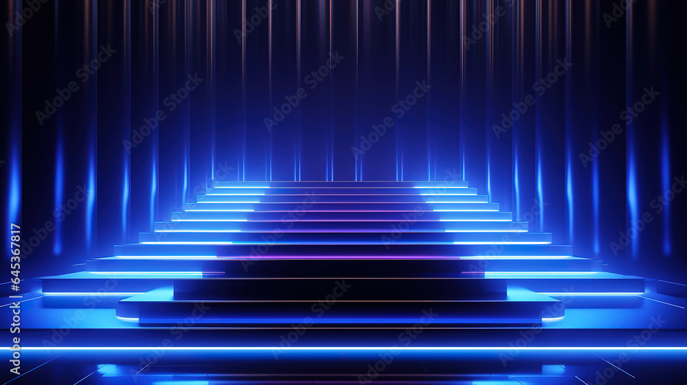 3d render, abstract blue neon background, glowing vertical lines ...