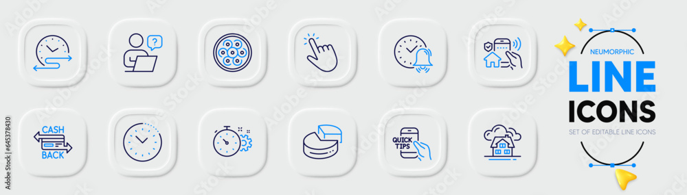 Cogwheel timer, Cursor and Alarm bell line icons for web app. Pack of Online question, Cable ...