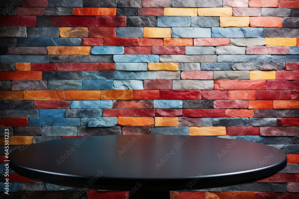 colorful brick wall with round black table for the product presentation ...