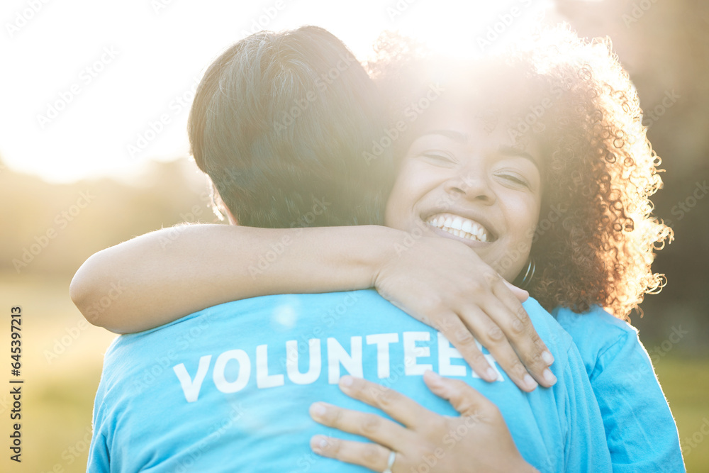 Nature, community volunteer and happy people hug, support and NGO team ...