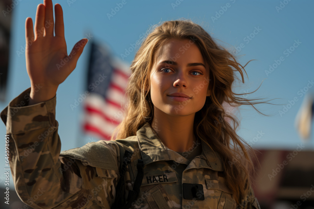 Veterans Day. A woman in military uniform. Holding up her hand. Stop ...