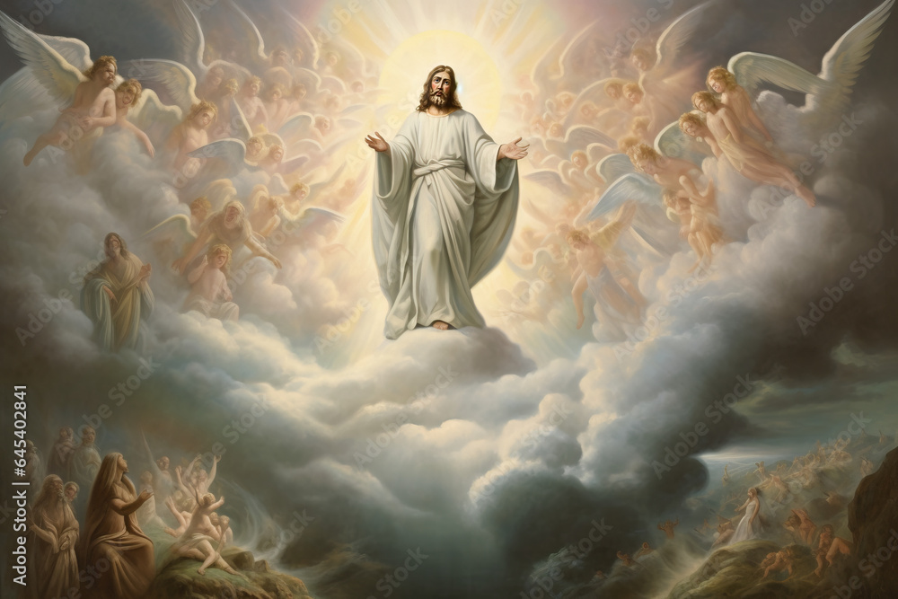 Jesus Christ in heaven surrounded by bright light and angels and saved ...