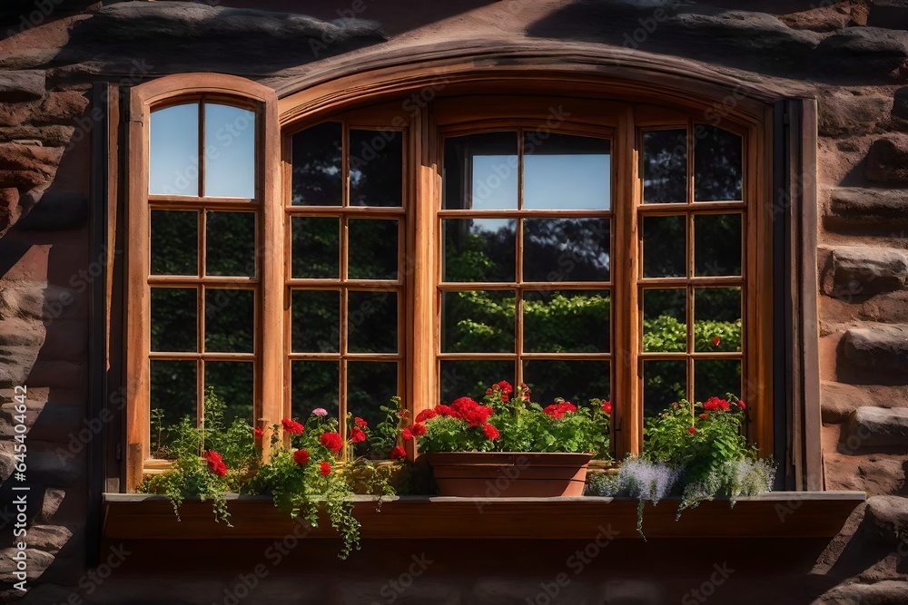 a classic wooden window frame, complete with mullions, and a flower box ...