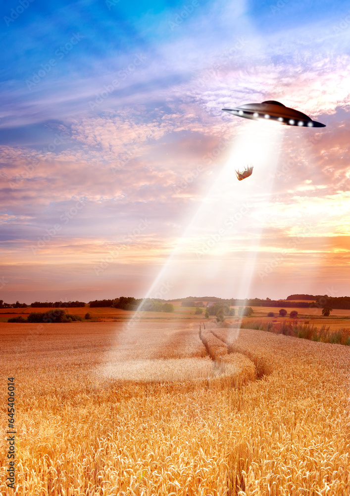 UFO, farm and field with light, alien invasion and research with cow ...